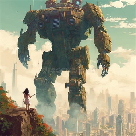 Ai Generated Young Woman Standing Near Big Robot Stock Illustration