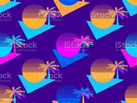 미래 팜 나무와 태양 완벽 한 패턴입니다 Synthwave 레트로 배경 1980 년대 스타일입니다 Retrowave입니다 벡터 일러스트 레이 션 강렬하고 밝은 색상에 대한