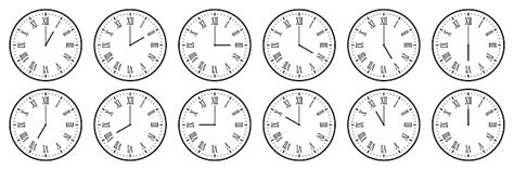 흰색 벡터 그림에 고립 된 각 시간을 알리는 로마 숫자와 아날로그 시계 아이콘의 수평 세트 문자반에 대한 스톡 벡터 아트 및 기타 이미지 Istock