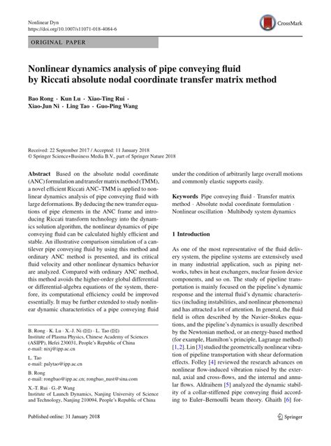 Pdf Nonlinear Dynamics Analysis Of Pipe Conveying Fluid By Riccati Absolute Nodal Coordinate