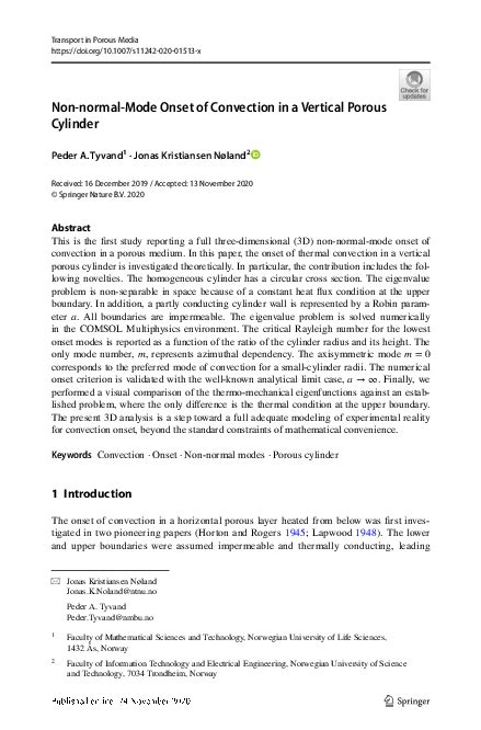 Pdf Non Normal Mode Onset Of Convection In A Vertical Porous Cylinder