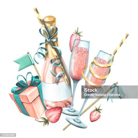 Bouteille De Champagne Rose Avec Verres Fraises Coffret Cadeau Et