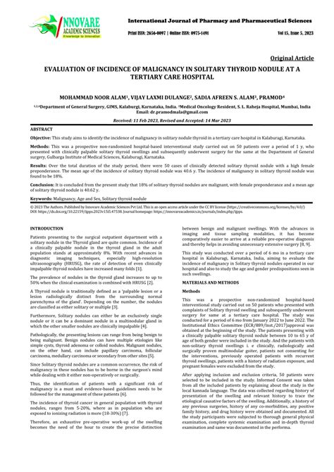 Pdf Evaluation Of Incidence Of Malignancy In Solitary Thyroid Nodule At A Tertiary Care Hospital