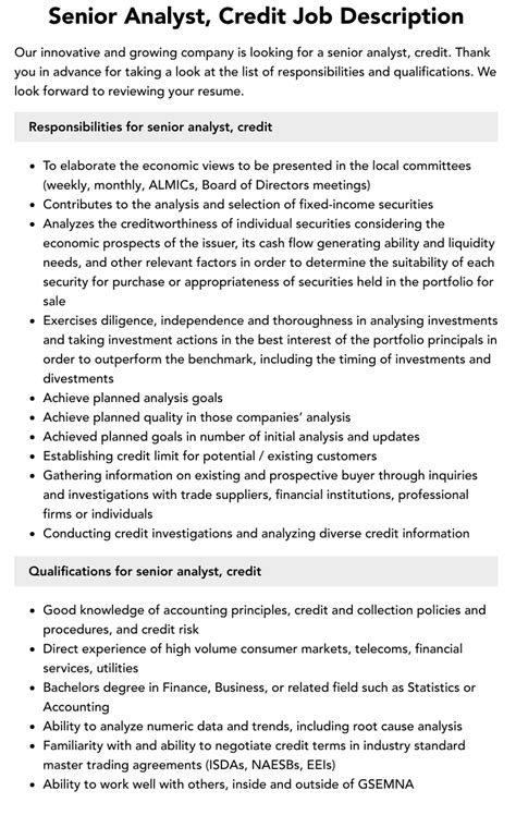 Senior Analyst Credit Job Description Velvet Jobs