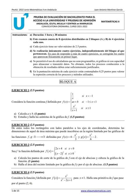 PevAU Matemáticas Andalucía Exámenes y Soluciones 2024