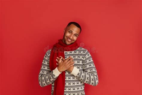 Happy Man Smiling Camera Cheerful Guy Smiling Sincerely Holding Hand