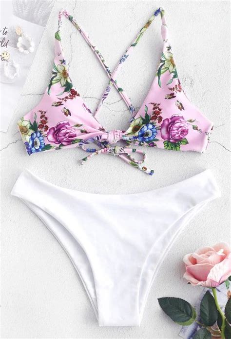 2019 Floral Knotted Criss Cross Bikini Set Bikinis Criss Cross
