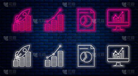 设置线形饼图信息图和硬币，文件与图形图，火箭飞硬币增长图和电脑显示器与图形图。砖墙上发光的霓虹灯图标