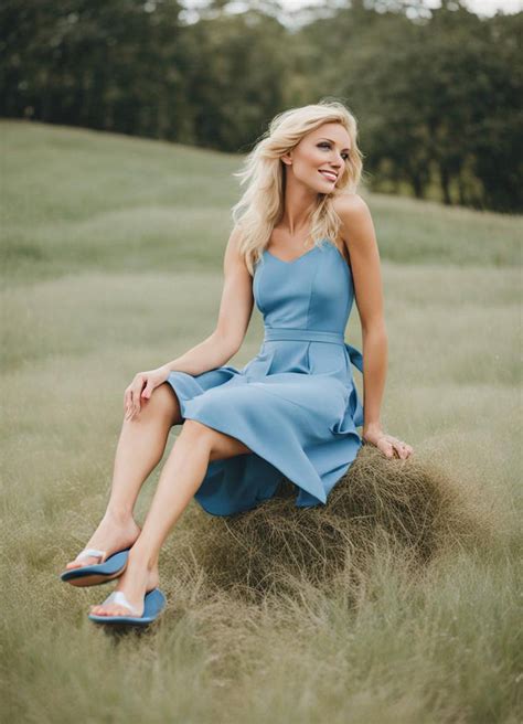 Blonde Woman Sitting On Grass Blue Dress Flip Flop By