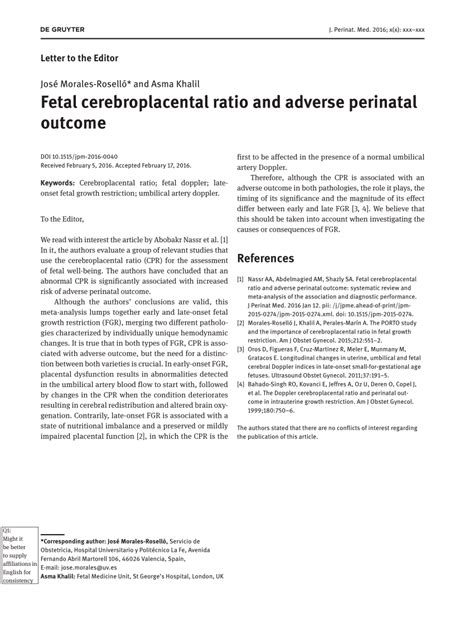 Pdf Fetal Cerebroplacental Ratio And Adverse Perinatal Outcome