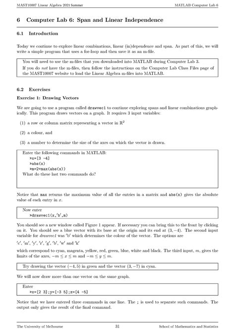 Lab6 Lab 6 Mast10007 Linear Algebra 202 1 Summer Matlab Computer