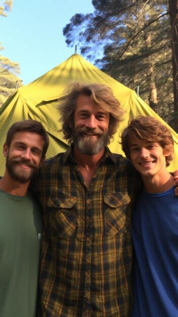 Premium Photo Three Men Standing In Front Of A Tent Smiling