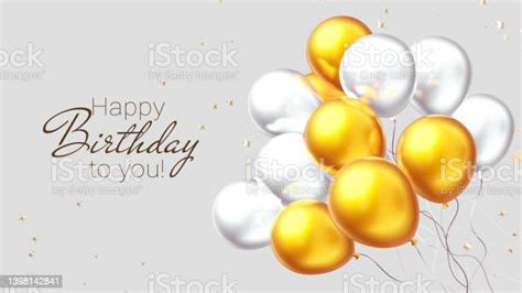 3d 생일 축하 수평 일러스트 레이 션과 텍스트와 반짝이는 색종이와 밝은 배경에 현실적인 흰색과 황금색 공기 풍선의 무리와 함께