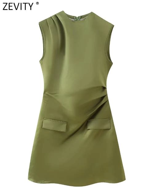 Zevity Mini Vestido Sem Mangas Para Mulheres Com Bolsos Flap O Neck