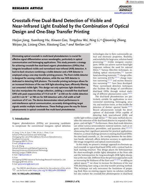 Pdf Crosstalk‐free Dual‐band Detection Of Visible And Near‐infrared Light Enabled By The