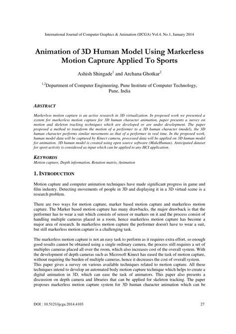 Pdf Animation Of 3d Human Model Using Markerless Motion Capture Applied To Sports