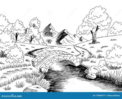 Bridge Graphic River Black White Landscape Sketch Illustration Vector