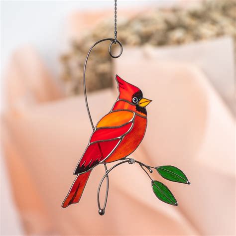 Cardinal Bird Stained Glass Window Hangings Mothers Day T Etsy