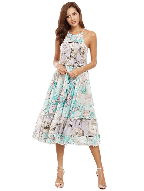 Halter Neck Floral Print Hollow Ruffle Hem Dress Fit And Flare Dress