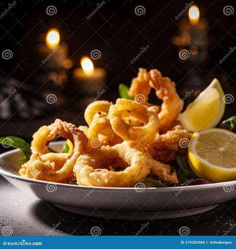 Fried Calamari Rings With Lemon And Mayonnaise Sauce On A Plate Royalty