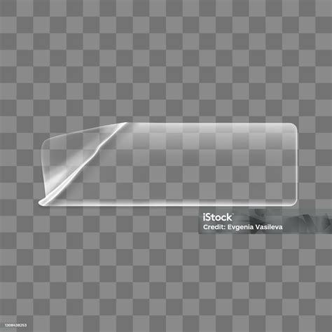 투명 접힌 구겨진 직사각형 스티커모킹 빈 접착제 투명 종이 또는 플라스틱 스티커 라벨에 말려 주름이 생기는 효과 3d 사실적 벡터 아이콘 3차원 형태에 대한 스톡 벡터 아트