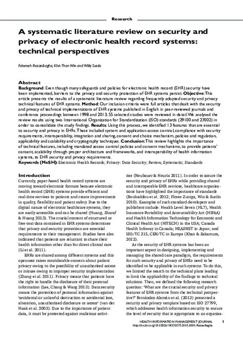 Pdf A Systematic Literature Review On Security And Privacy Of Electronic Health Record Systems