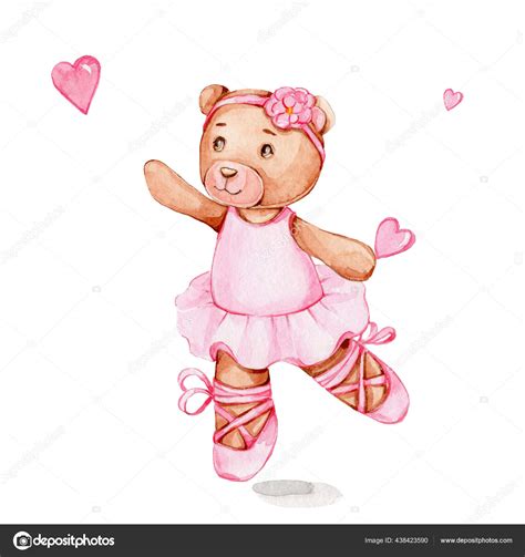 Cute Cartoon Bear Ballerina Pink Dress Watercolor Hand Draw