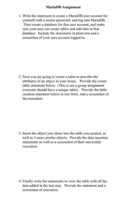 Solved Mariadb Assignment 1 Write The Statement To Create A