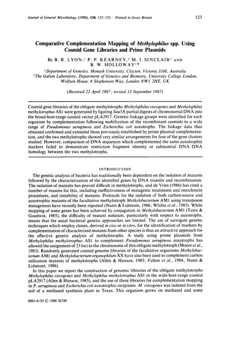 Pdf Comparative Complementation Mapping Of Methylophilus Spp Using Cosmid Gene Libraries And