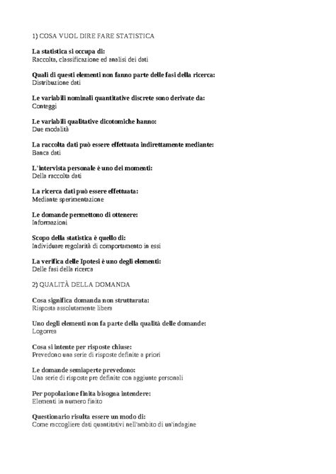 Test Di Autovalutazione 1 Cosa Vuol Dire Fare Statistica La