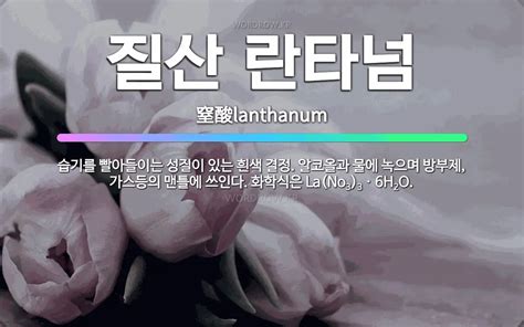 🌟질산 란타넘 습기를 빨아들이는 성질이 있는 흰색 결정 알코올과 물에 녹으며 방부제 가스등의 맨틀에 표준국어대사전