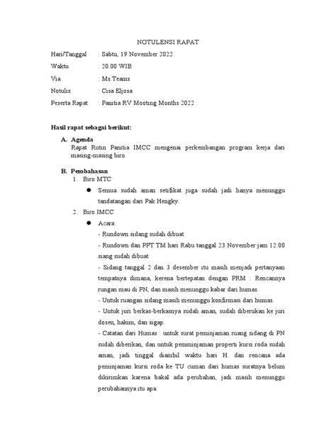 Notulensi Rapat Imcc 19 November 2022 Pdf
