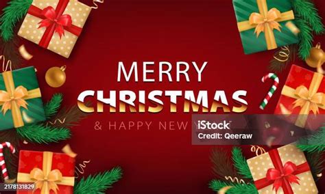 크리스마스 새해 빨간 배너 3d 선물 상자 소나무 가지 싸구려 색종이 조각과 사탕 지팡이 크리스마스에 대한 스톡 벡터 아트 및 기타 이미지 Istock