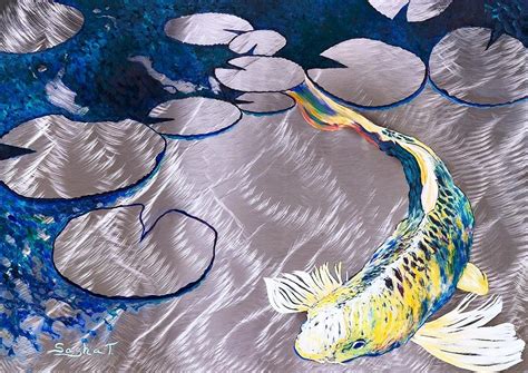Aluminum Print Koi Fish Print On Metal Fish Art Yellow Blue