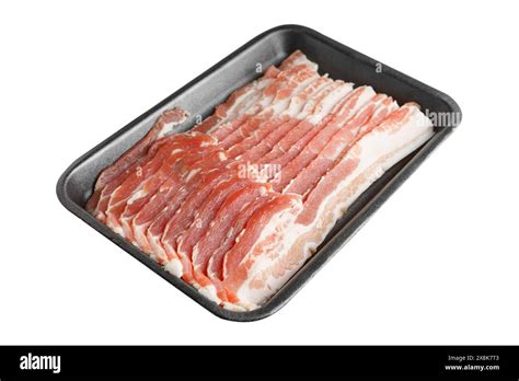 Raw Pork Bacon In Black Plastic Pack Isolated On White Background