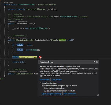 Verificationexception Method Microsoftextensionsdependencyinjection