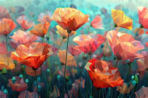 Poppies In A Field In Low Poly Art Style Generated By Artificial