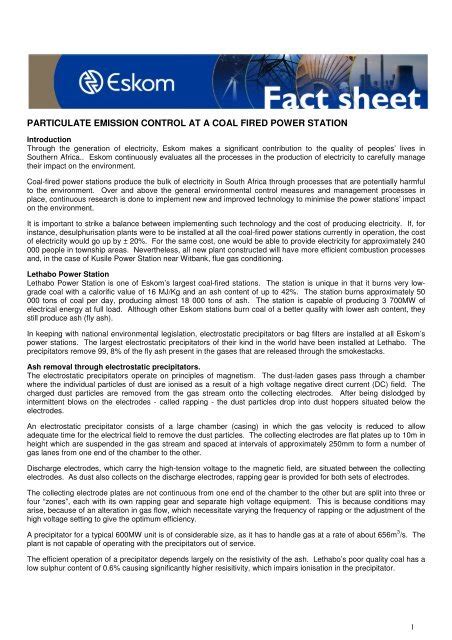 Particulate Emission Control At A Coal Fired Power Station Eskom