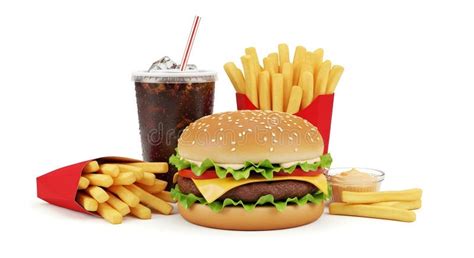 Juicy Cheeseburger Combo Meal With French Fries And Soda Stock Image