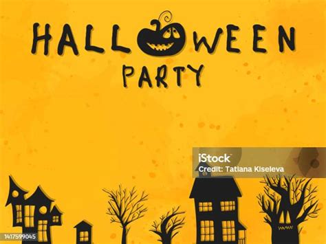 할로윈 2022 10 월 31 과자 안 주면 장난칠 거예요 벡터 손으로 그린 낙서 스타일 글자와 호박 수채화 반점이있는 주황색 배경에 나무와 집이있는 엽서 0명에 대한 스톡