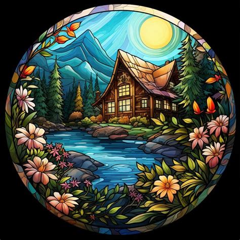 Scenic View Circular Stained Glass Window Premium Ai Generated Image