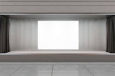 현대적인 베이지색 건물 옥외 광고 개념 3d 렌더링 모형의 세련된 쇼윈도우에서 슬레이트 벽 배경에 로고나 텍스트를 넣을 수 있는