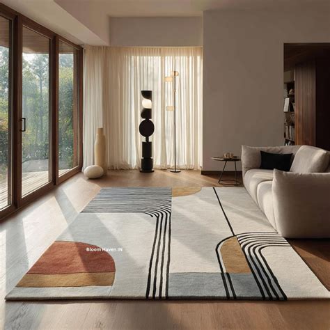 Modern Abstract Line Area Rug Beige And Grey Rust Minimalist