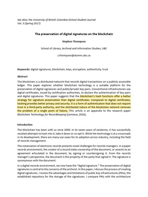 The Preservation Of Digital Signatures On The Blockchain Pdf Public