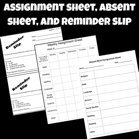 Assignment Sheet Absent Work Sheet And Reminder Slip For Missing Work