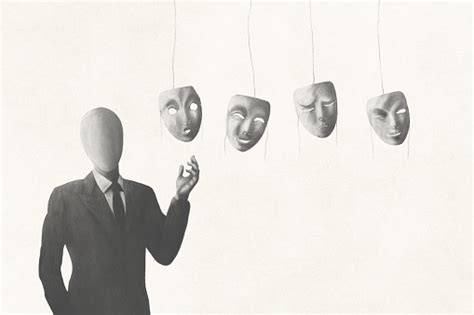 얼굴이 없는 사업가가 착용할 올바른 마스크를 선택하는 그림 초현실적인 정체성 개념 위선에 대한 스톡 벡터 아트 및 기타 이미지