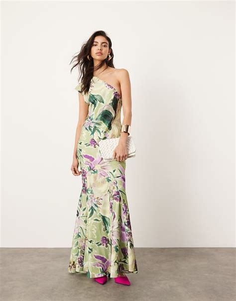 Asos Edition Vestito Lungo Monospalla Verde A Fiori Con Gonna A Ruota