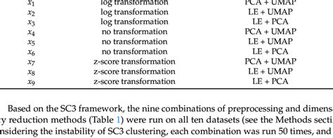 summary of the nine combinations of preprocessing and dimensionality