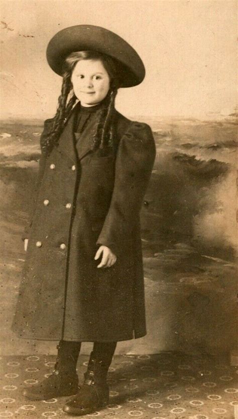 Vtg 1910s Rppc Portrait Young Girl Black Coat Curls Big Hat Studio View