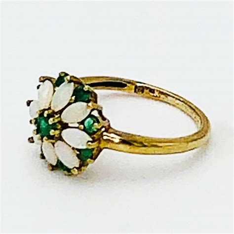 Vintage Solid 9ct Gold Ring With Emerald And Opal Cluster Artedeco